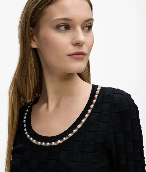 Karl Lagerfeld Faux Pearl Embellished Short-sleeve Knit Top