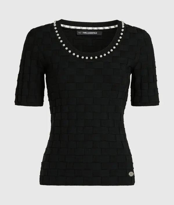 Karl Lagerfeld Faux Pearl Embellished Short-sleeve Knit Top