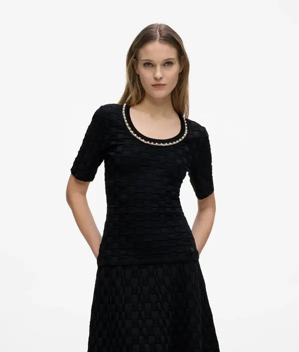 Karl Lagerfeld Faux Pearl Embellished Short-sleeve Knit Top - Black