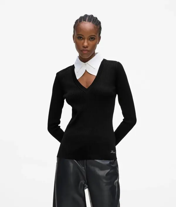 Karl Lagerfeld Long-sleeved Rib-knit Polo Shirt With Contrasting Collar - Black/white