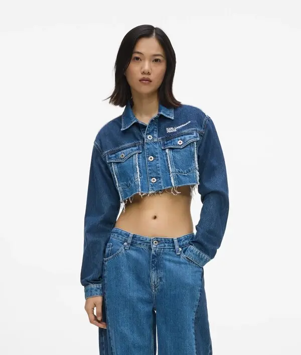 KL JEANS Blocked Denim Micro Jacket - Mid Blue Blocked