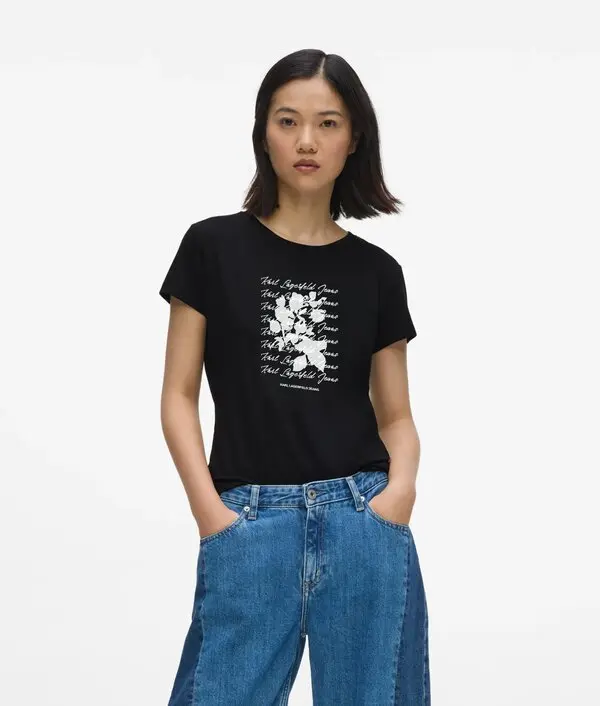 Karl Lagerfeld Slim Fit Flocked Floral T-shirt - Black