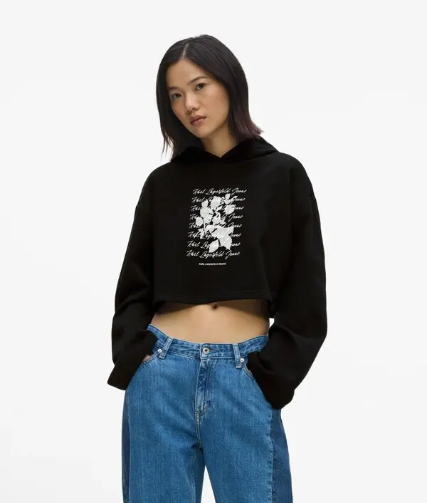 KL JEANS Jeans Cropped Flocked Floral Hoodie - Black