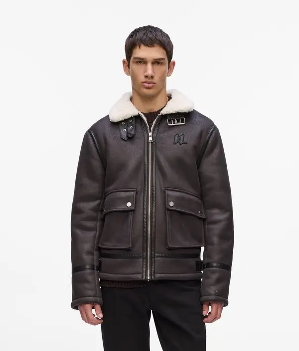Karl Lagerfeld Monogram Faux-shearling Aviator Jacket - Black Coffee