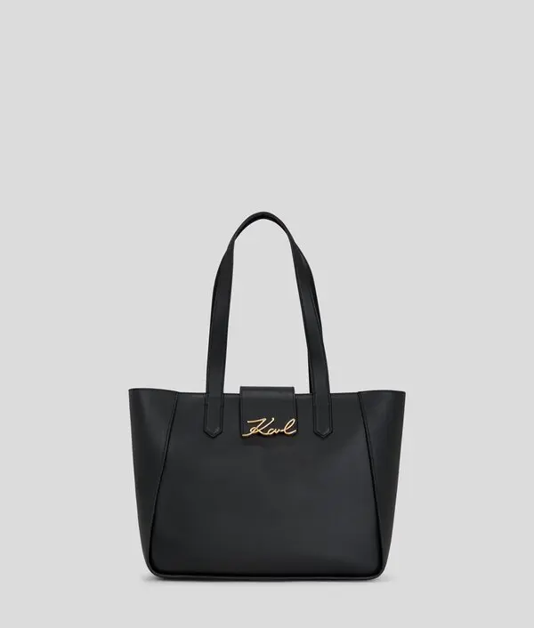 Karl Lagerfeld K/signature Medium Tote Bag In Smooth Black Cow Leather With Gold-tone Hardware - Black/gold