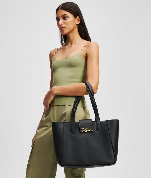 Karl Lagerfeld K/signature Medium Tote Bag In Smooth Black Cow Leather With Gold-tone Hardware