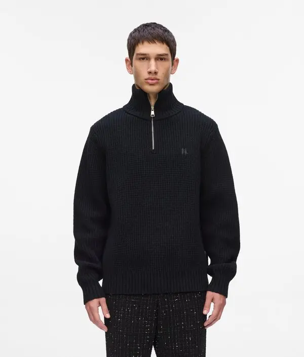 Karl Lagerfeld Half-zip Turtleneck Sweater In Lambswool - Black