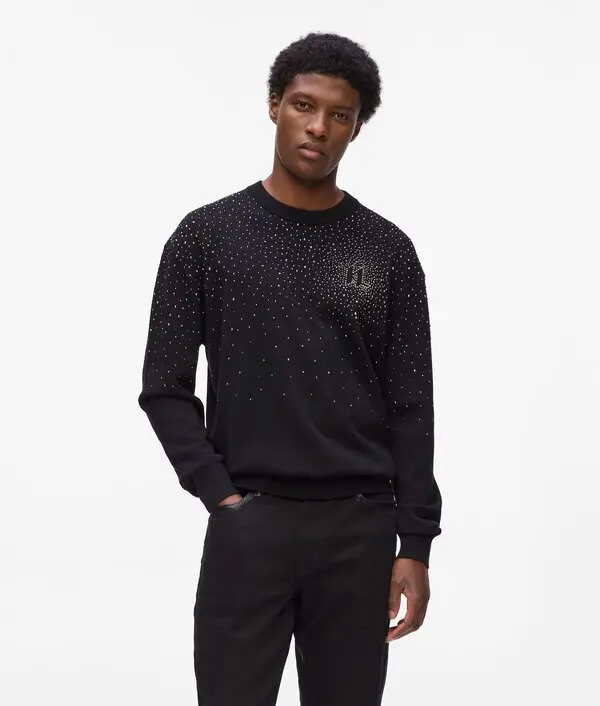 Karl Lagerfeld Cotton Rhinestone Embellished Crewneck Sweater - Black