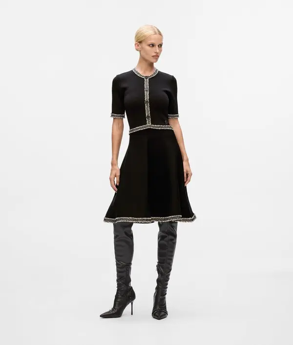Karl Lagerfeld Bouclé Trimmed Fit-and-flare Knit Dress