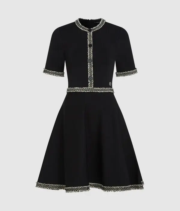 Karl Lagerfeld Bouclé Trimmed Fit-and-flare Knit Dress