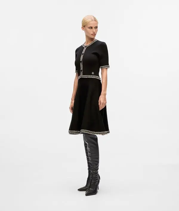 Karl Lagerfeld Bouclé Trimmed Fit-and-flare Knit Dress - Black