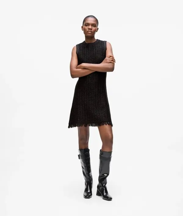 Karl Lagerfeld Sleeveless Textured Knit Midi Dress With Fringe Hem - Black