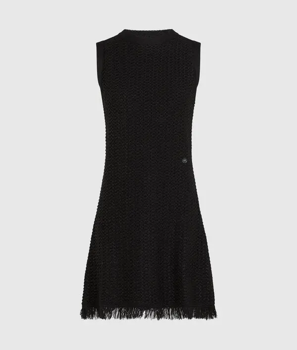 Karl Lagerfeld Sleeveless Textured Knit Midi Dress With Fringe Hem