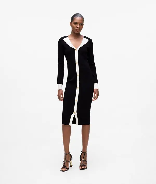 Karl Lagerfeld Knit Midi Dress With Signature Button Detail - Black/white