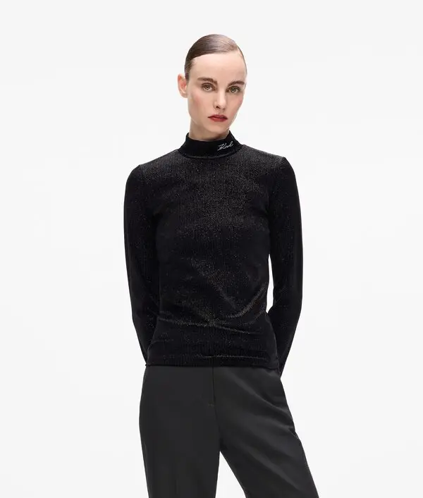 Karl Lagerfeld Sparkling Velvet Mock Neck Top - Black