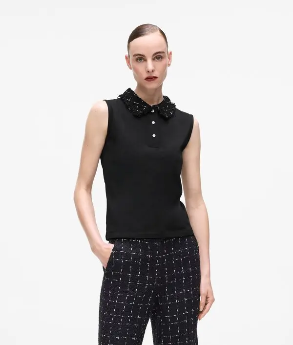 Karl Lagerfeld Bouclé Collar Sleeveless Polo Shirt - Black
