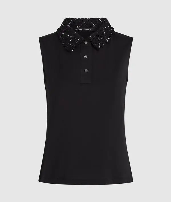 Karl Lagerfeld Bouclé Collar Sleeveless Polo Shirt