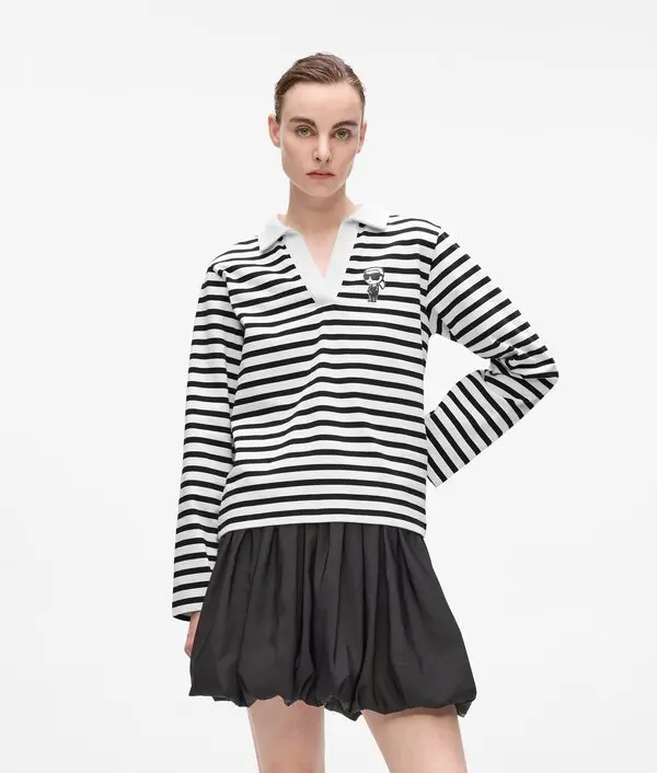 Karl Lagerfeld Ikon Striped Long-sleeved Polo Shirt - Black-cannoli Cream Stripe