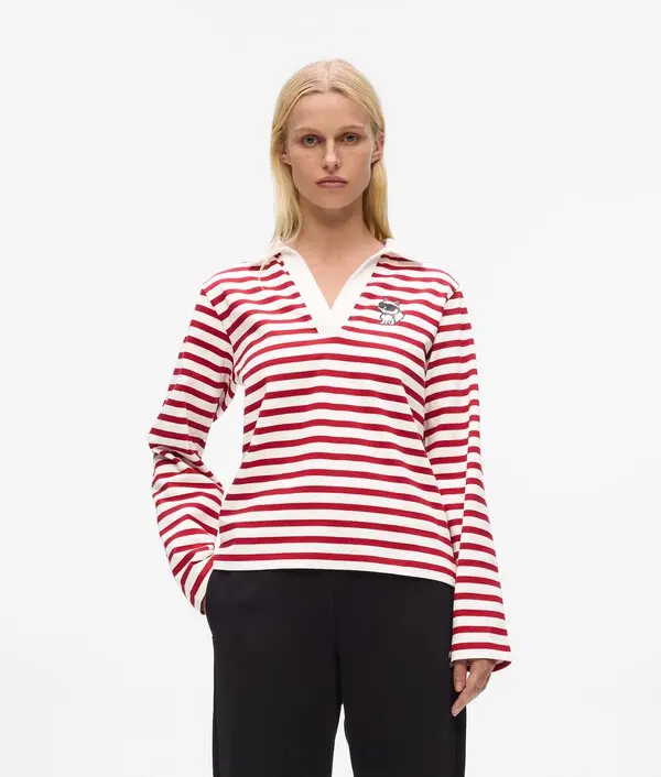 Karl Lagerfeld Ikon Striped Long-sleeved Polo Shirt - Scarlet Sage-cream Stripe