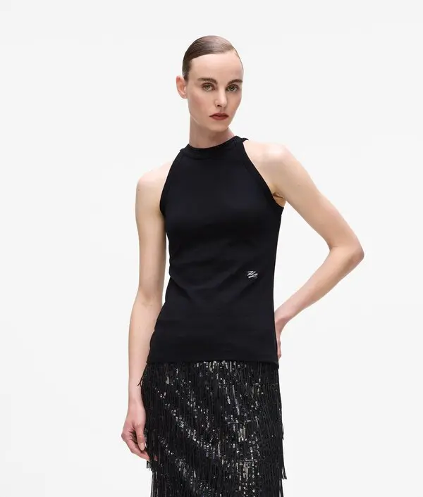Karl Lagerfeld Rhinestone Embellished Halter Neck Top - Black