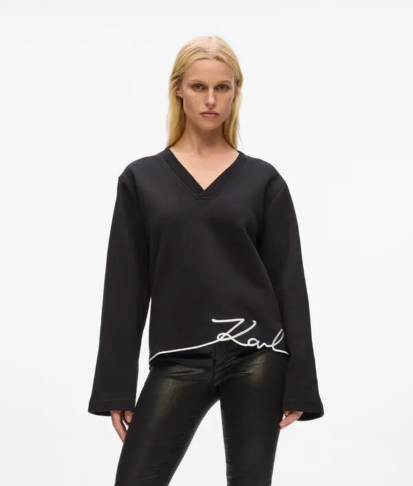 Karl Lagerfeld Signature Logo V-neck Sweatshirt - Black