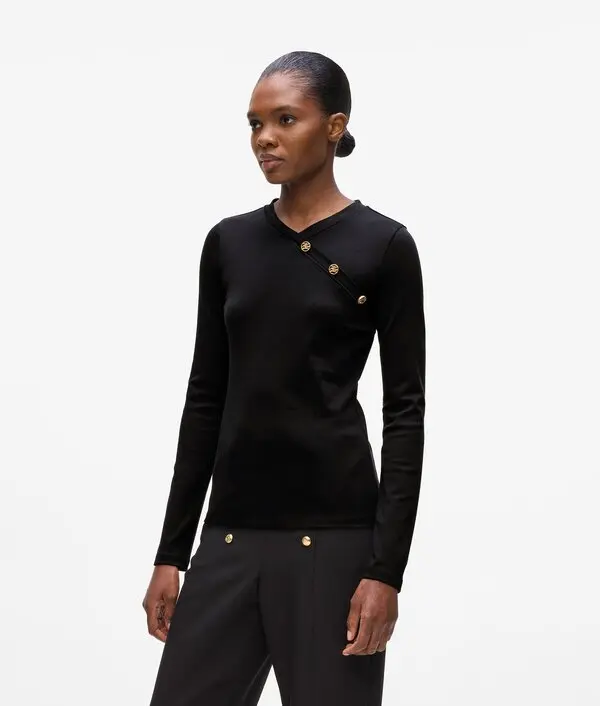 Karl Lagerfeld Long-sleeved T-shirt With Gold Logo Buttons - Black