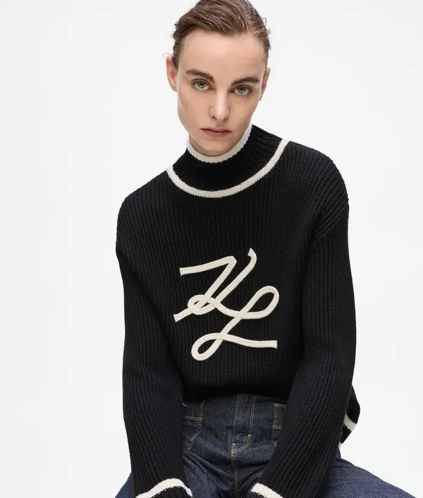 Karl Lagerfeld Ribbed Turtleneck Sweater With Autograph Logo Embroidery - Black