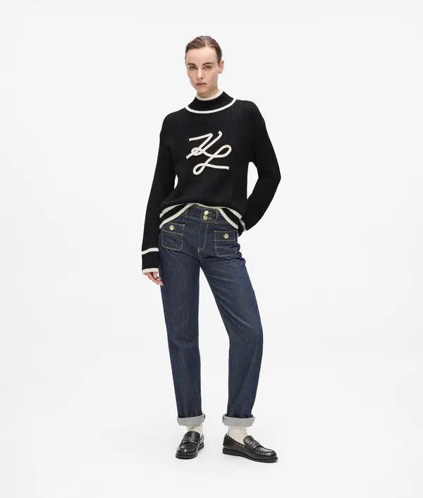 Karl Lagerfeld Ribbed Turtleneck Sweater With Autograph Logo Embroidery - Black