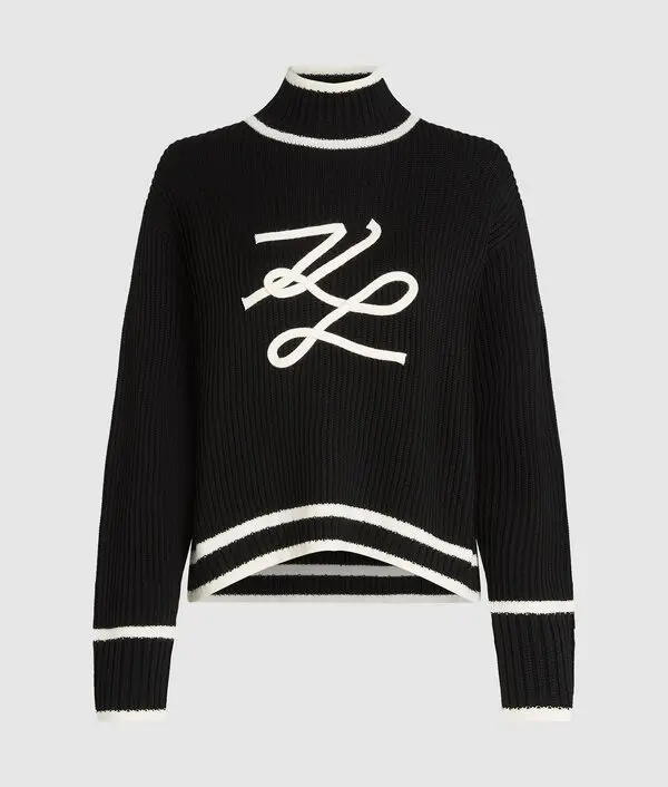 Karl Lagerfeld Ribbed Turtleneck Sweater With Autograph Logo Embroidery - Black