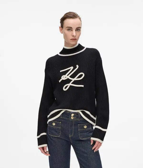 Karl Lagerfeld Rib-knit Turtleneck Sweater With Soutache Kl Logo - Black