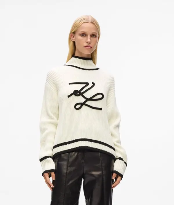 Karl Lagerfeld Ribbed Turtleneck Sweater With Autograph Logo Embroidery - White