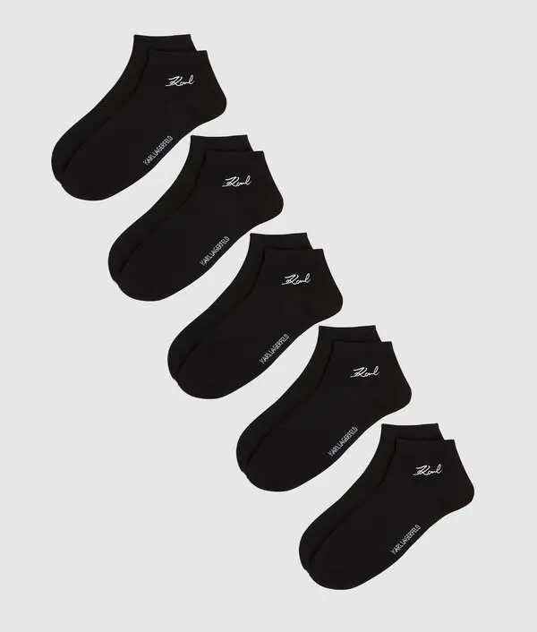Karl Lagerfeld Signature Embroidered Cotton Blend Ankle Socks – 5-pack - Black