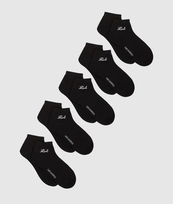 Karl Lagerfeld Signature Embroidered Cotton Blend Ankle Socks – 5-pack - Black