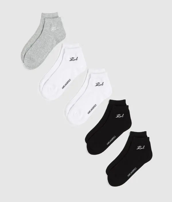 Karl Lagerfeld Signature Embroidered Cotton Blend Ankle Socks – 5-pack - Black/white/grey