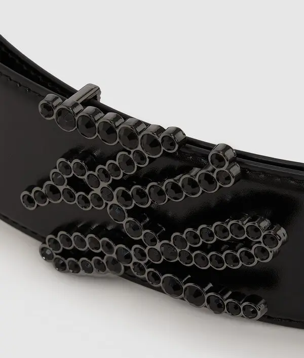 Karl Lagerfeld Autograph Rhinestone Embellished Leather Belt - Black