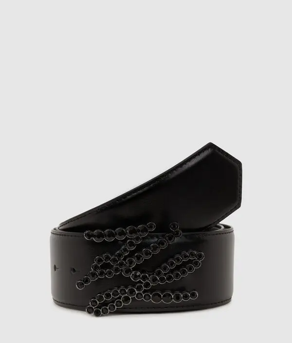 Karl Lagerfeld Autograph Rhinestone Embellished Leather Belt - Black