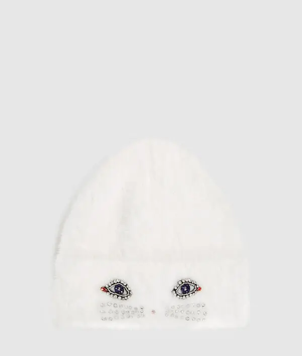 Karl Lagerfeld Ikon Choupette Fluffy Beanie - White