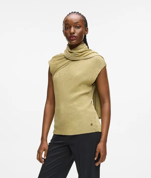 Karl Lagerfeld Sleeveless Metallic Knit Top With Scarf Detail - Light Gold