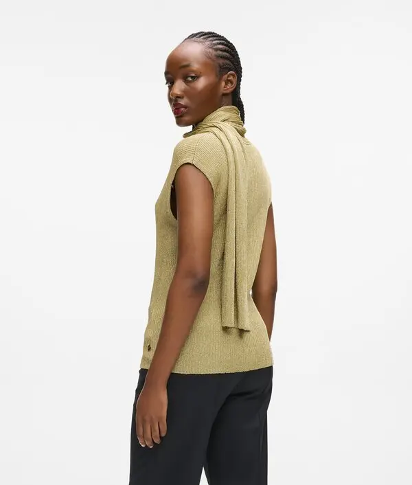 Karl Lagerfeld Sleeveless Metallic Knit Top With Scarf Detail