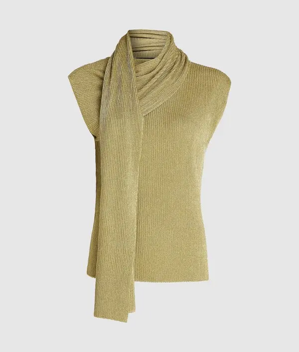 Karl Lagerfeld Sleeveless Metallic Knit Top With Scarf Detail