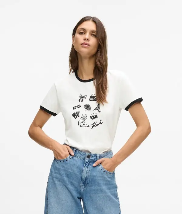 Karl Lagerfeld Slim-fit Organic Cotton T-shirt With Graphic Charms - White