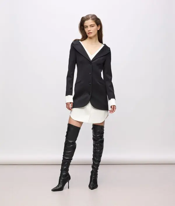 Karl Lagerfeld Tailored Wool Blend Mini Dress With Satin Trim - White/black