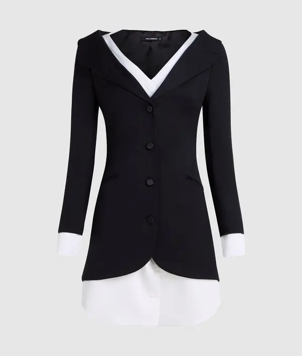 Karl Lagerfeld Tailored Wool Blend Mini Dress With Satin Trim - White/black
