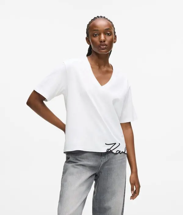 Karl Lagerfeld Signature Hem V-neck T-shirt - White