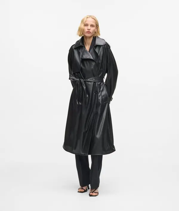 Karl Lagerfeld Perforated Faux Leather Double-breasted Trench Coat - Black