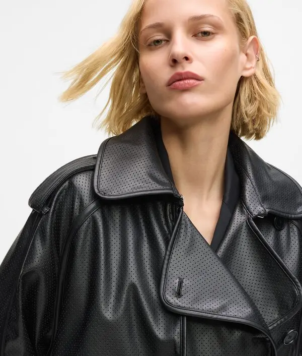 Karl Lagerfeld Perforated Faux Leather Double-breasted Trench Coat