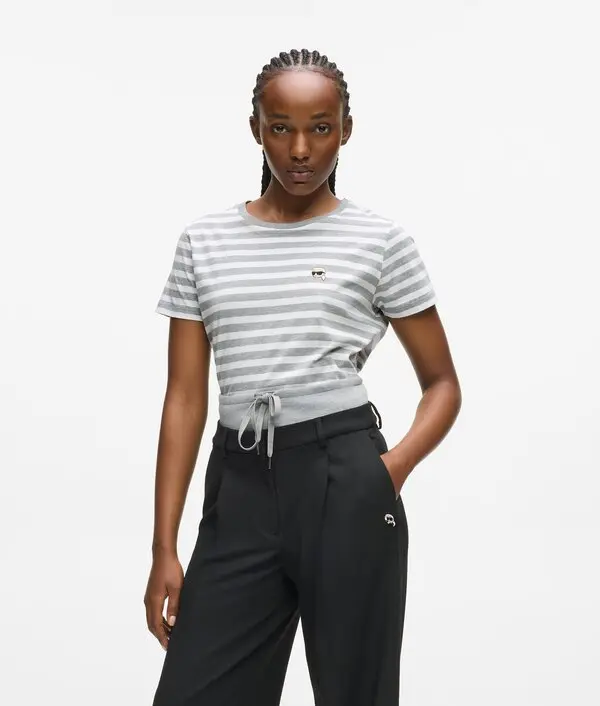 Karl Lagerfeld Striped Organic Cotton T-shirt With Embroidered Patch - White-grey-stripe