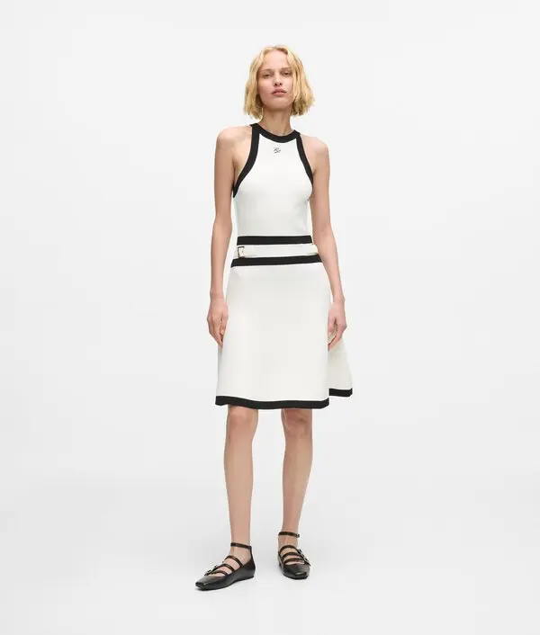 Karl Lagerfeld Sleeveless Knit Dress With Contrasting Piping And Belt