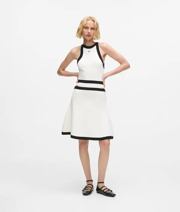 Karl Lagerfeld Sleeveless Knit Dress With Contrasting Piping And Belt