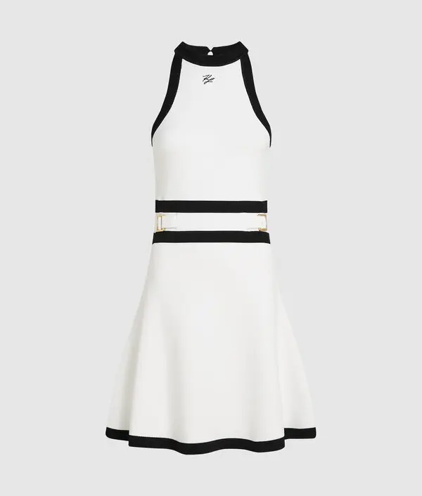 Karl Lagerfeld Sleeveless Knit Dress With Contrasting Piping And Belt